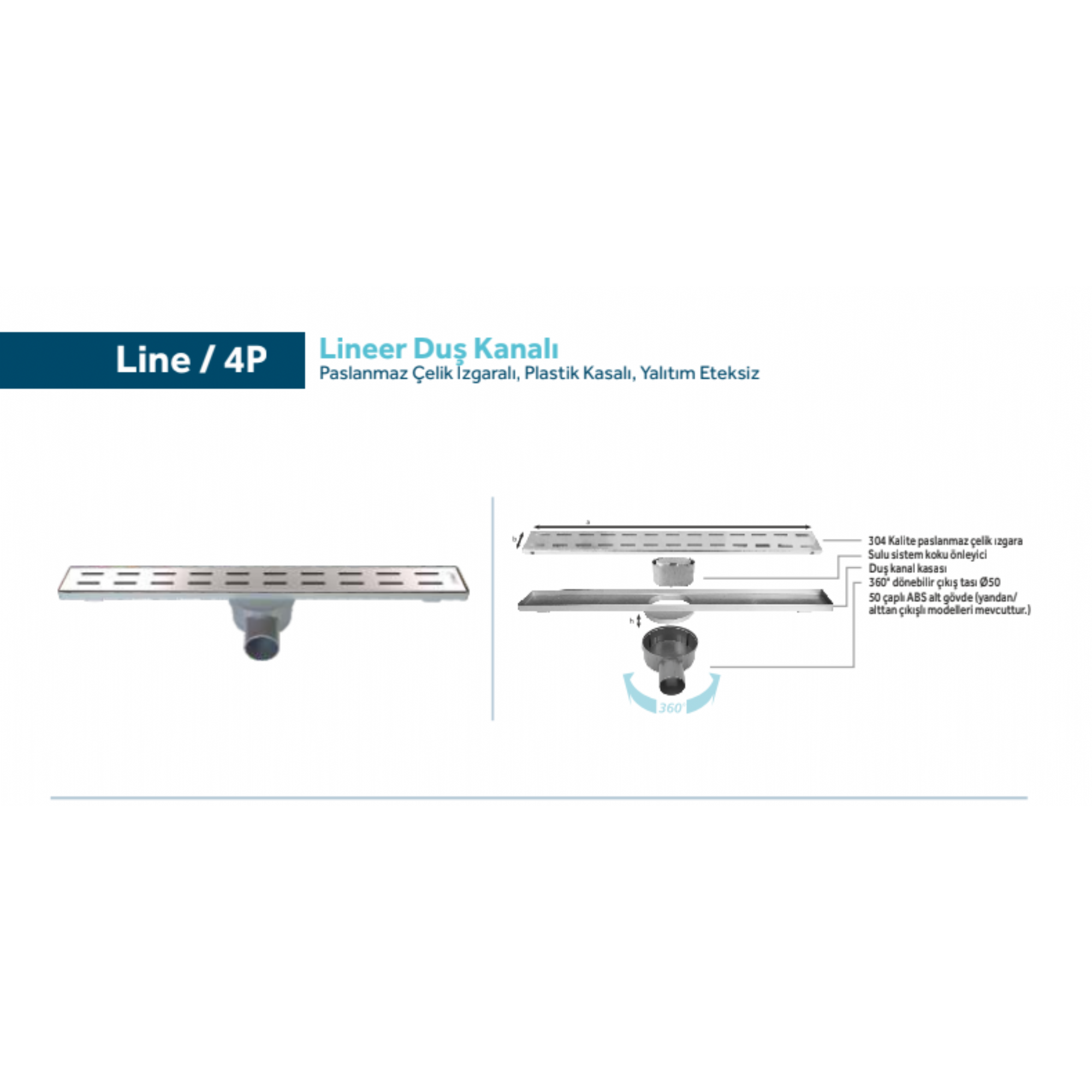 Sukar Line 4P Duş Kanalı Plastik Kasa Paslanmaz Izgara Süzgeç Ø50 Çıkı ...