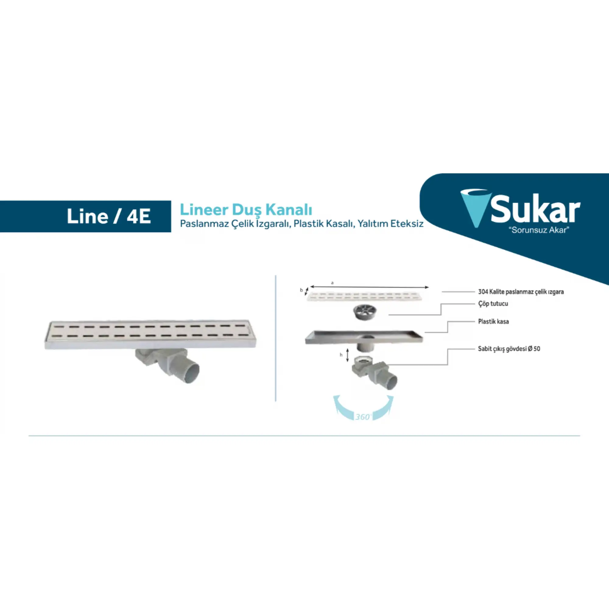 Sukar Line 4-E Paslanmaz Çelik Duş Kanalı Ø50 40 Cm - istanbulehirdavat.com