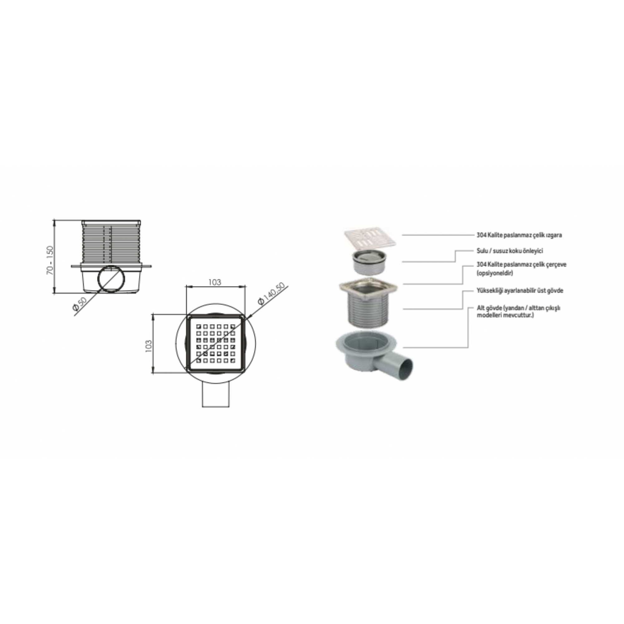 Sukar Yalıtım Uyumlu Çelik Çerçeveli Yer Süzgeci 10x10 Cm Ø70 Alttan ...